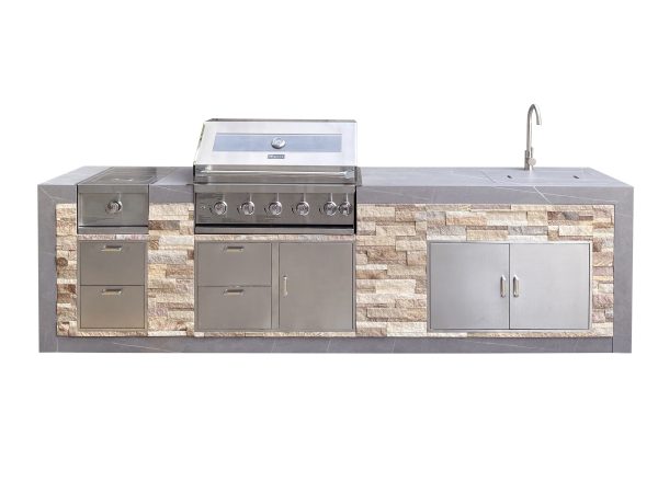 Customized outdoor BBQ kitchen natural stone veneer steel island grill ...